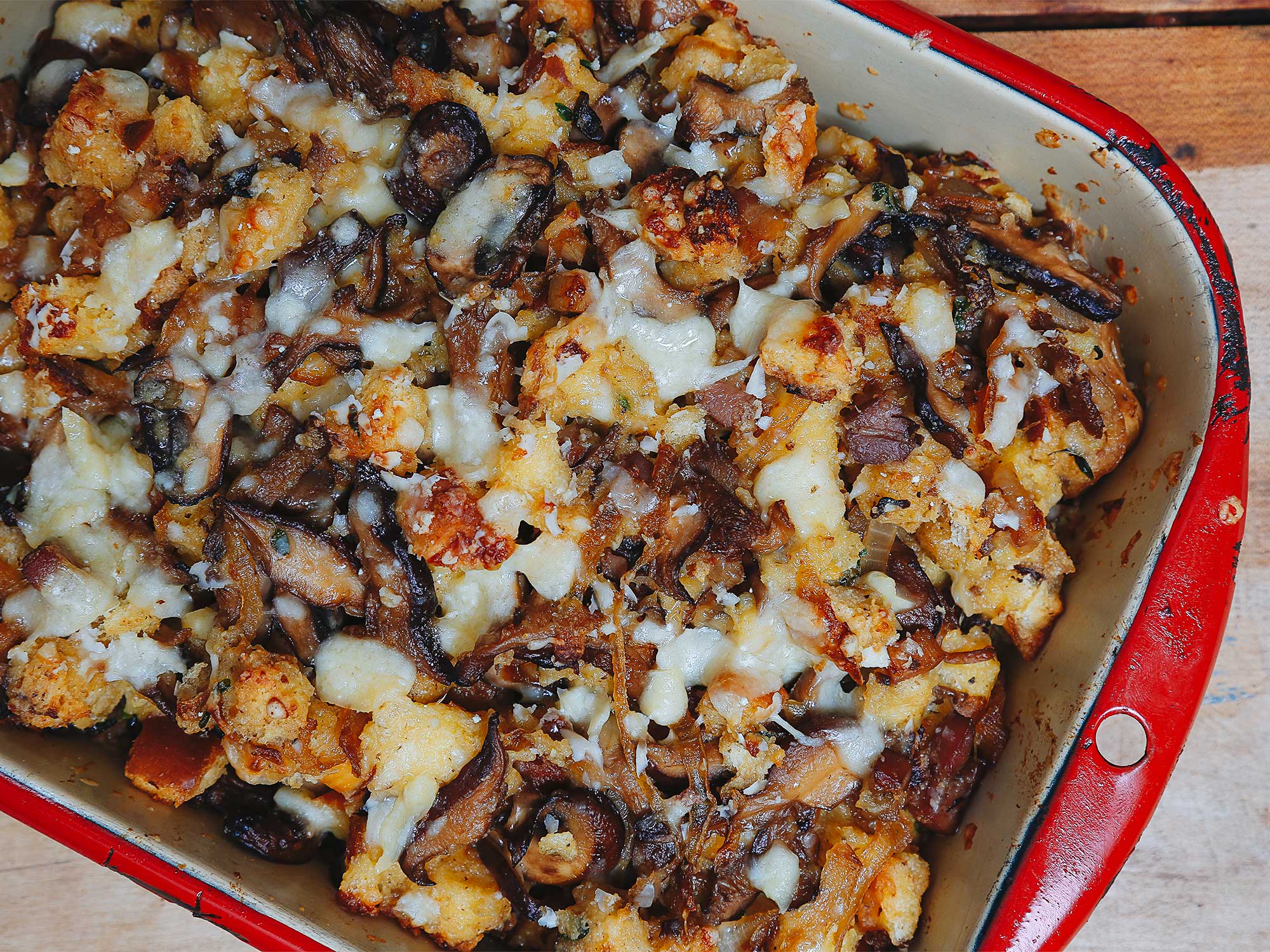 Cheesy Mushroom and Pancetta Bread Pudding | Saveur