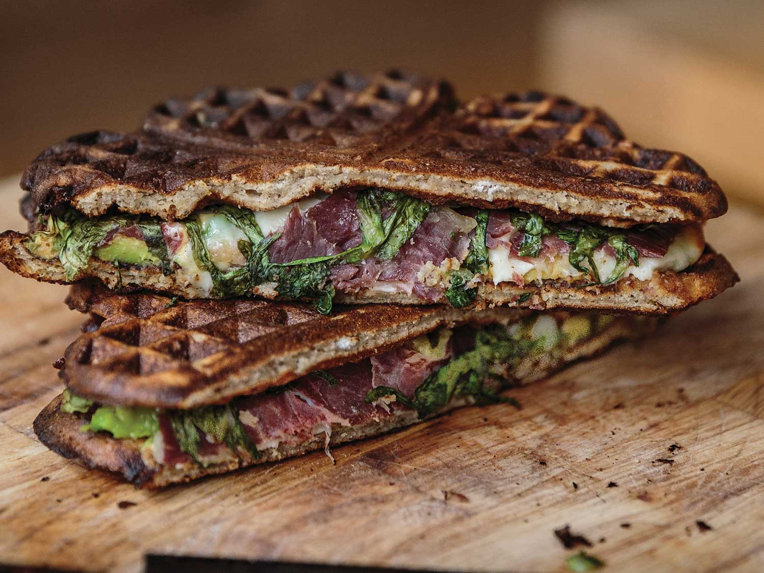 Waffle Sandwiches with Cecina, Avocado, and Arugula | Saveur