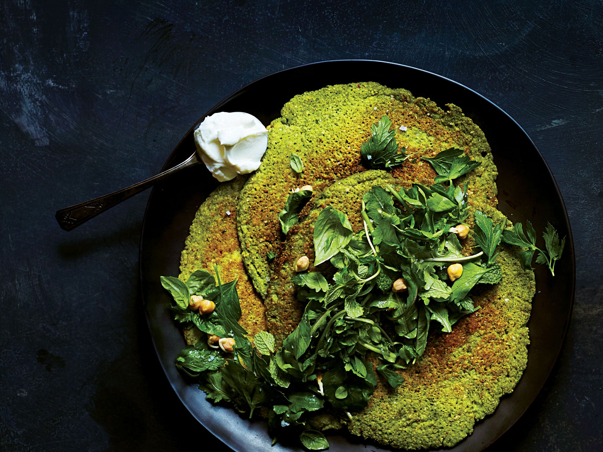Sprouted Chickpea Socca with Herb Salad and Yogurt | Saveur
