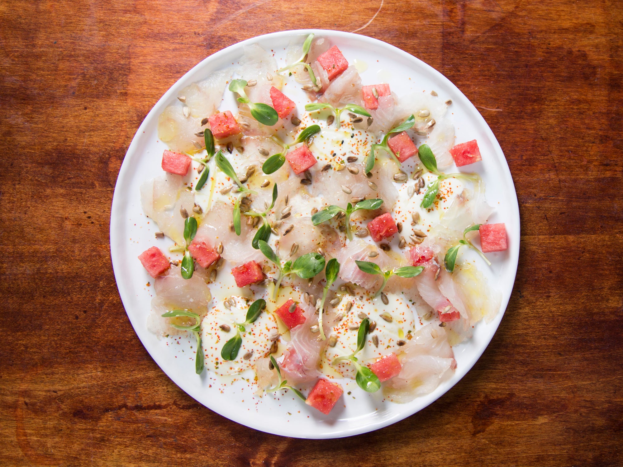 Cured Fluke with Yogurt, Watermelon, Sunflower Seeds, and Togarashi