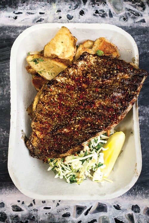 Deviled Bluefish with Fried Potatoes & Coleslaw | Saveur