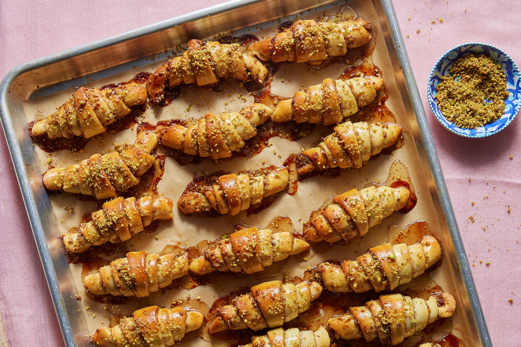 Israeli-Style Rugelach with Pistachio-Date Filling and Rosewater Honey