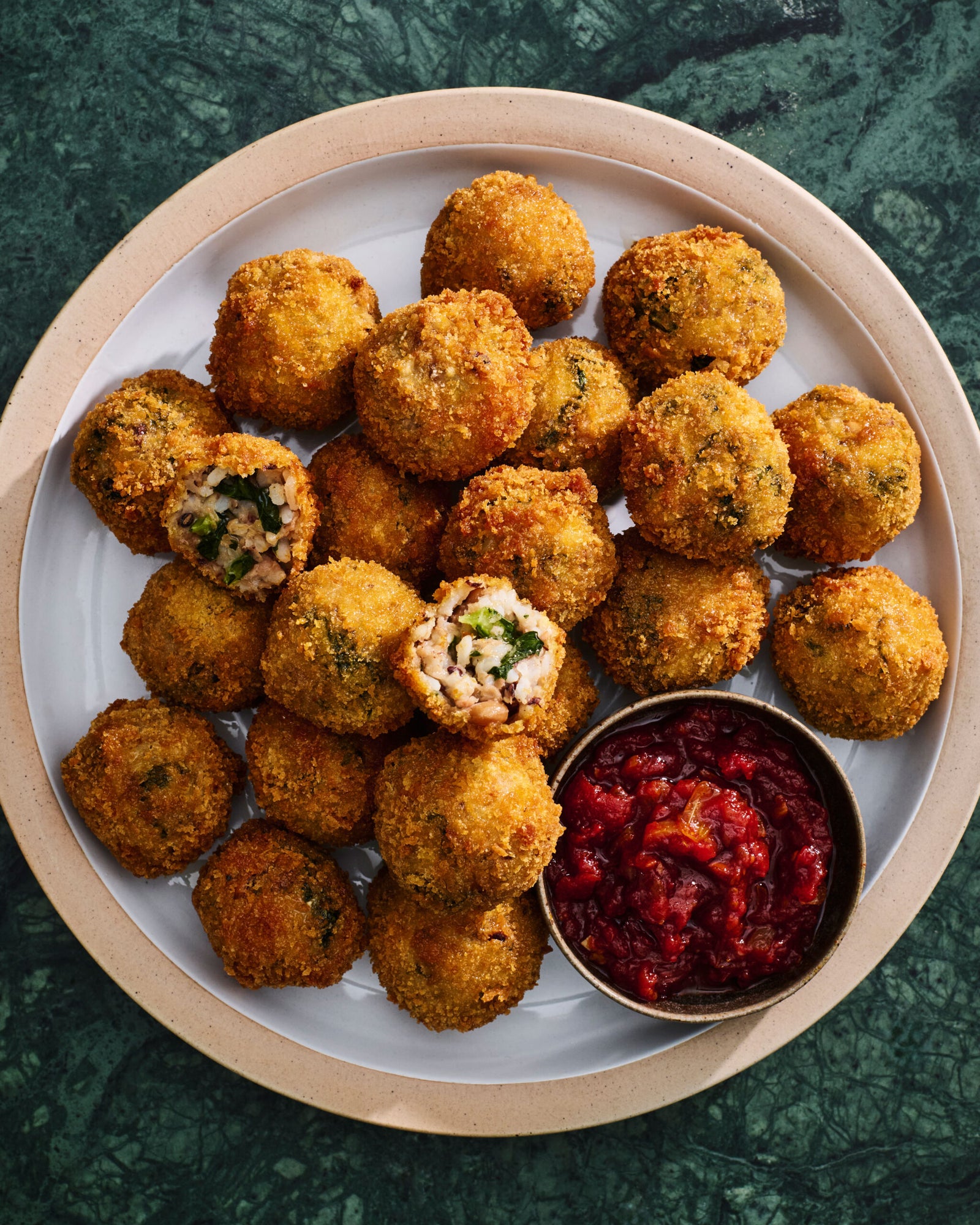 Red Pea and Collard Fritters With Smoky Tomato Jam Recipe | Saveur